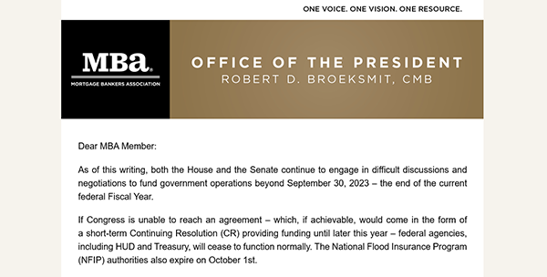 MBA's Broeksmit Comments on Potential Government Shutdown - MBA Newslink